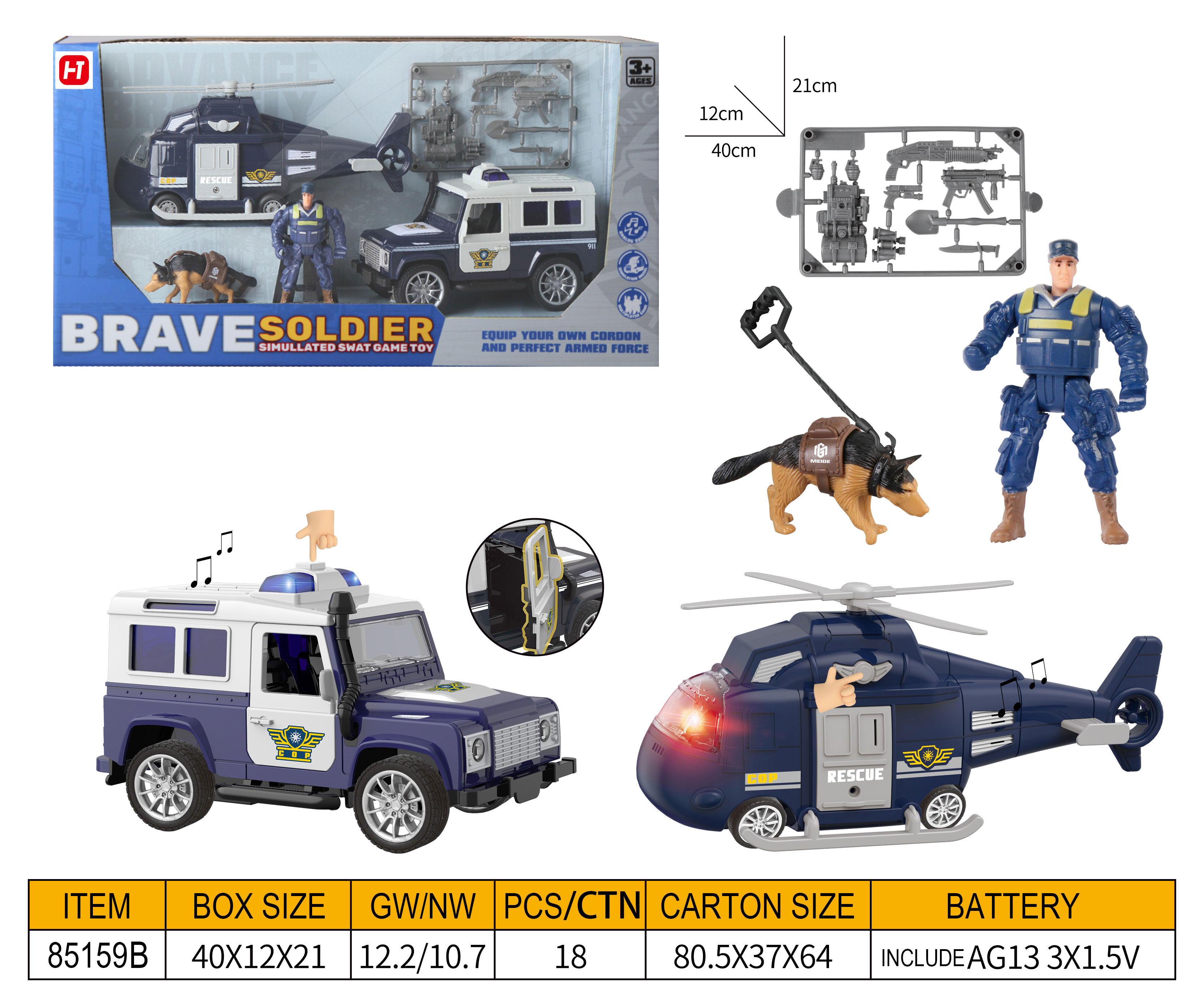 Police Action Figure Toy Set For Boys With Military Vehicles Toy
