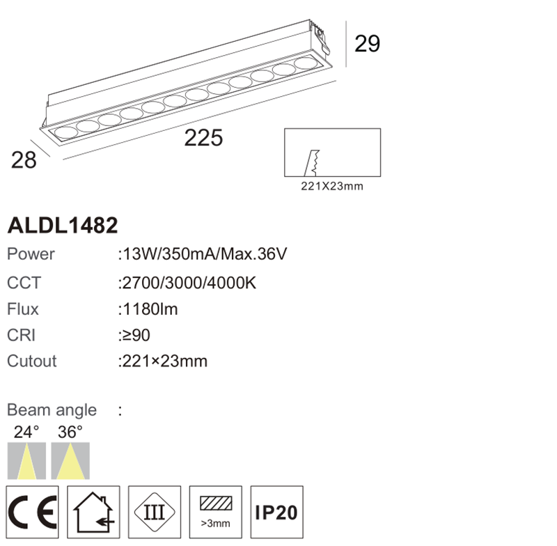 Max.36V 13W linear downlight 1180lm recessed linear led lighting 24°/36 ...
